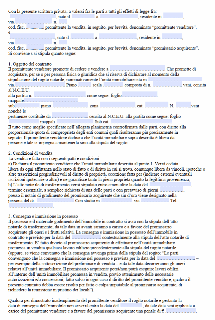 Preliminare di Compravendita tra Privati - Fac Simile Word e PDF
